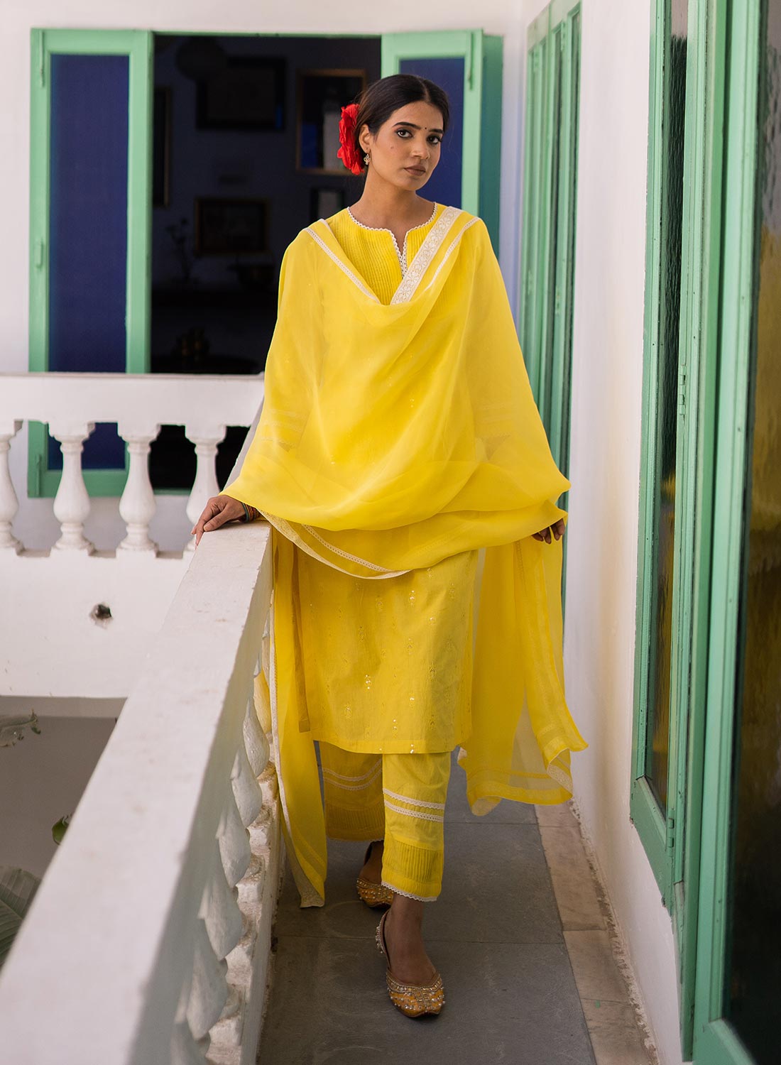 Tishya Sequence Embroidered Suit Set With Organza Paneled Pant And Org